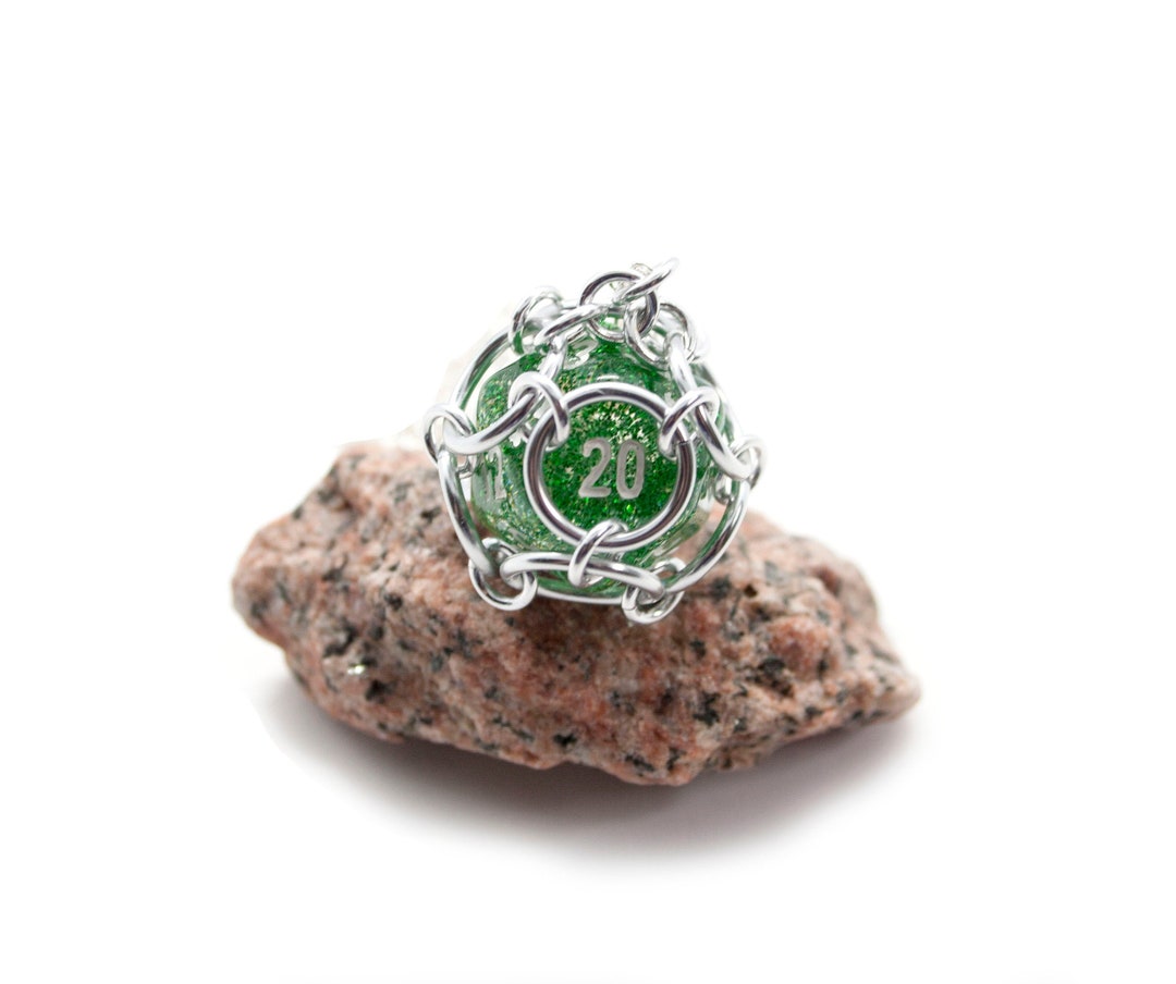 Emerald Green Sparkle Captive D20 Dice Necklace, Dnd Chainmail Necklace ...