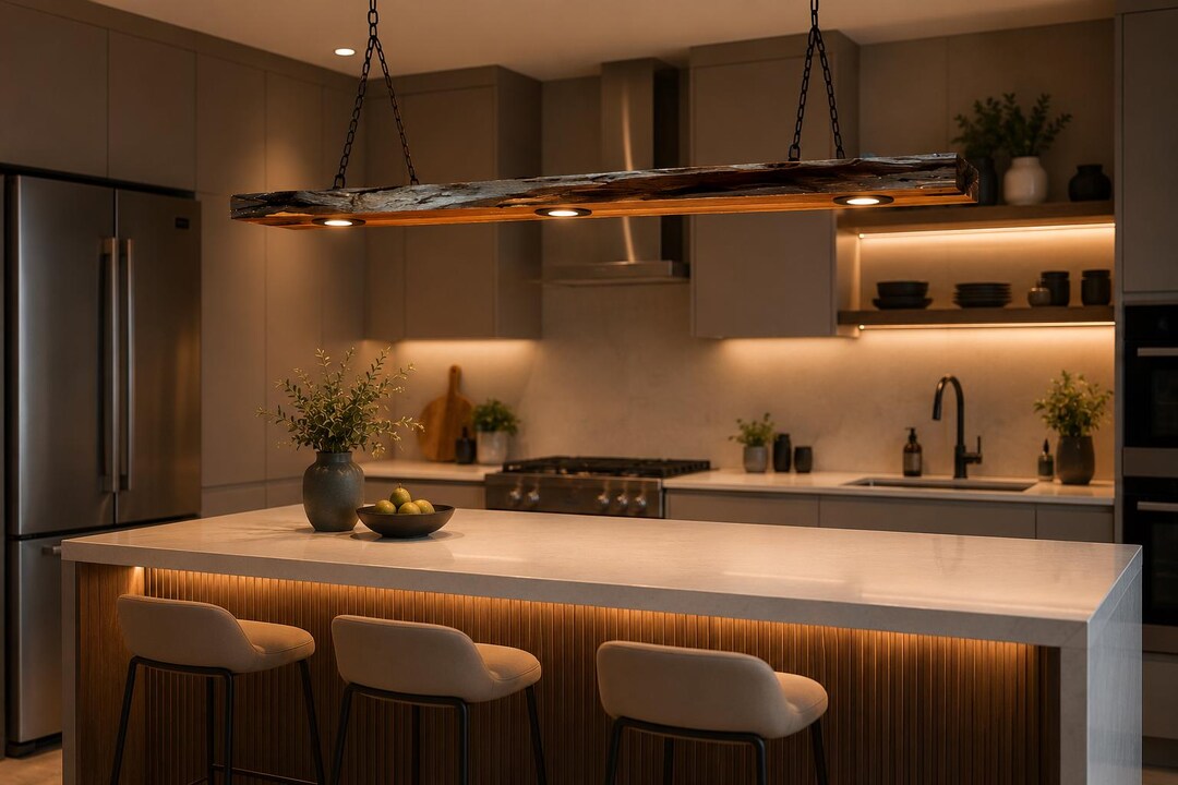 Yew Wood Slab With LED Spot Lights, Pendant Light, Timbers With ...