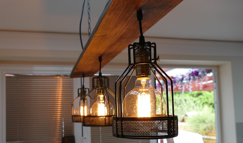Reclaimed Wood Slab Suspended Light With 3x Metal Cages & - Etsy