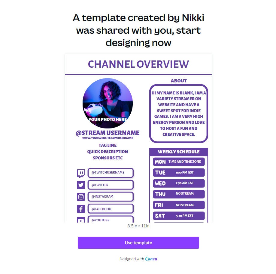 Twitch Stream Channel Overview Template for Canva | Editable ...