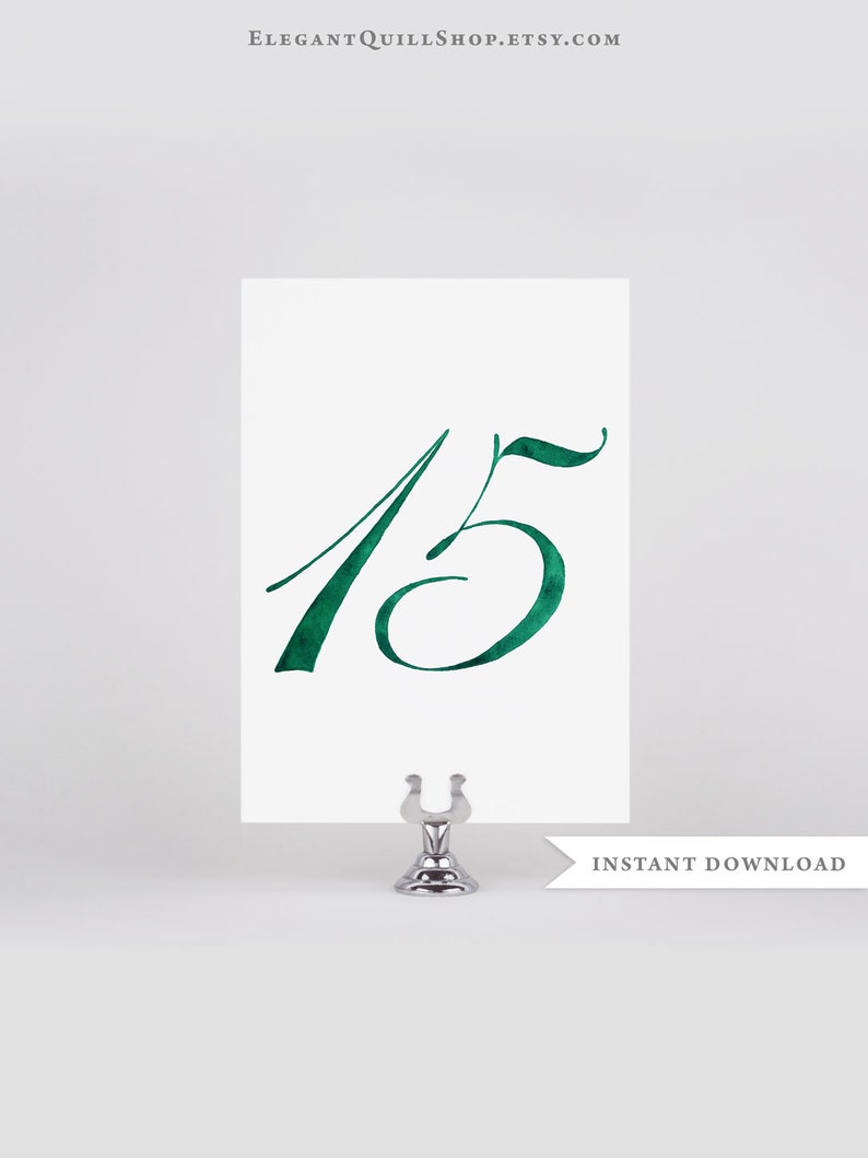 Emerald Green Wedding, Green Table Numbers, Watercolor, Printable Table ...