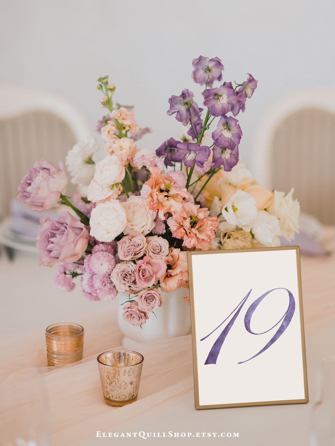 Purple Table Numbers, Purple Wedding Decor, Watercolor, Printable Table ...