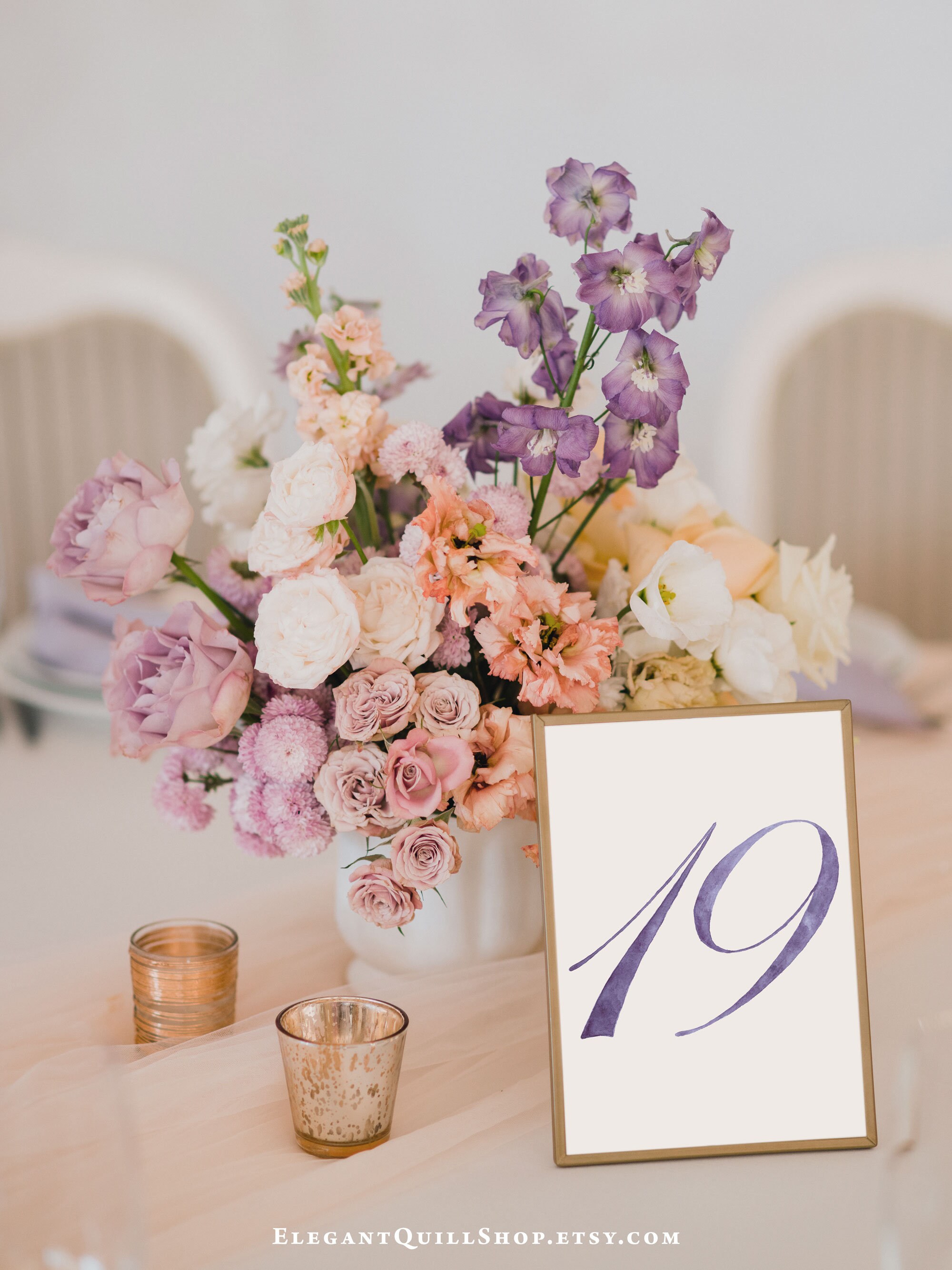 Purple Table Numbers, Purple Wedding Decor, Watercolor, Printable Table ...