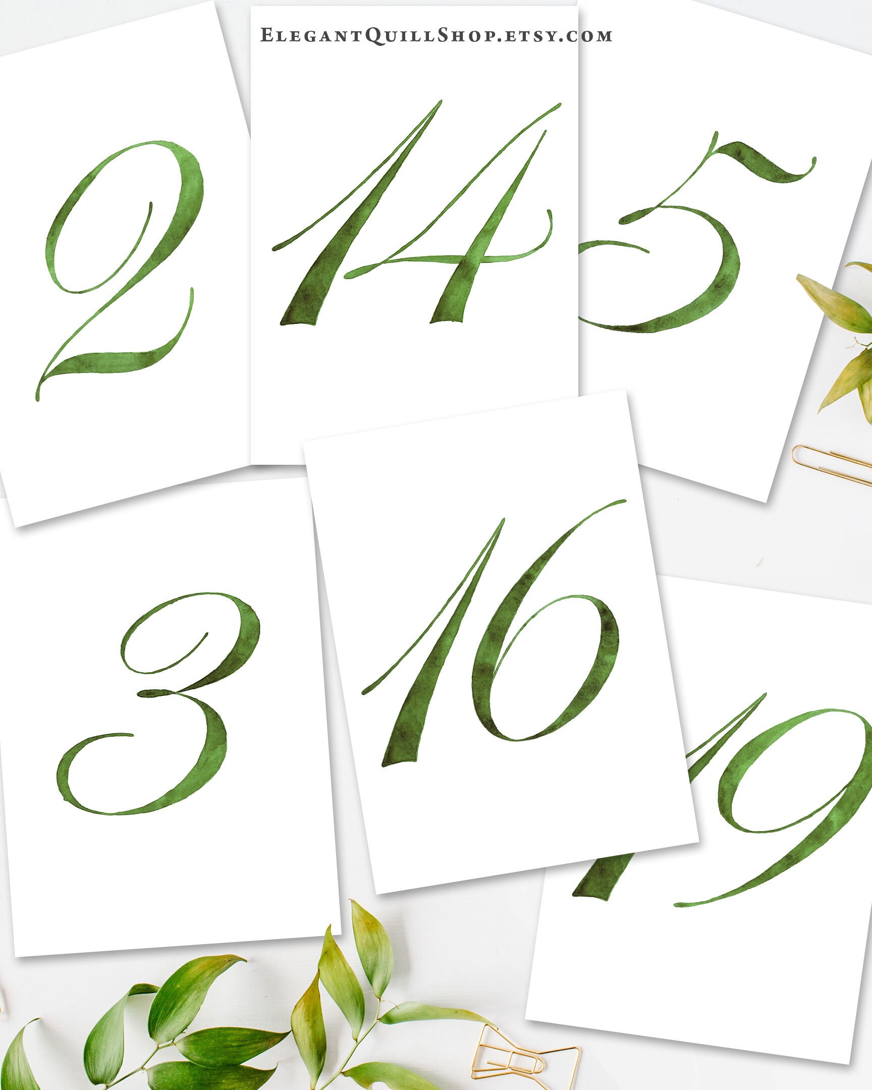 Olive Green Wedding Decor, Green Table Numbers, Watercolor, Printable ...