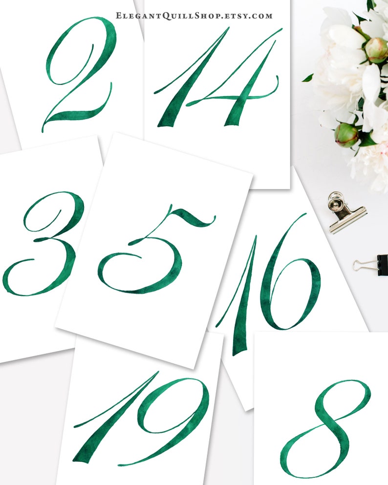 Emerald Green Wedding, Green Table Numbers, Watercolor, Printable Table ...