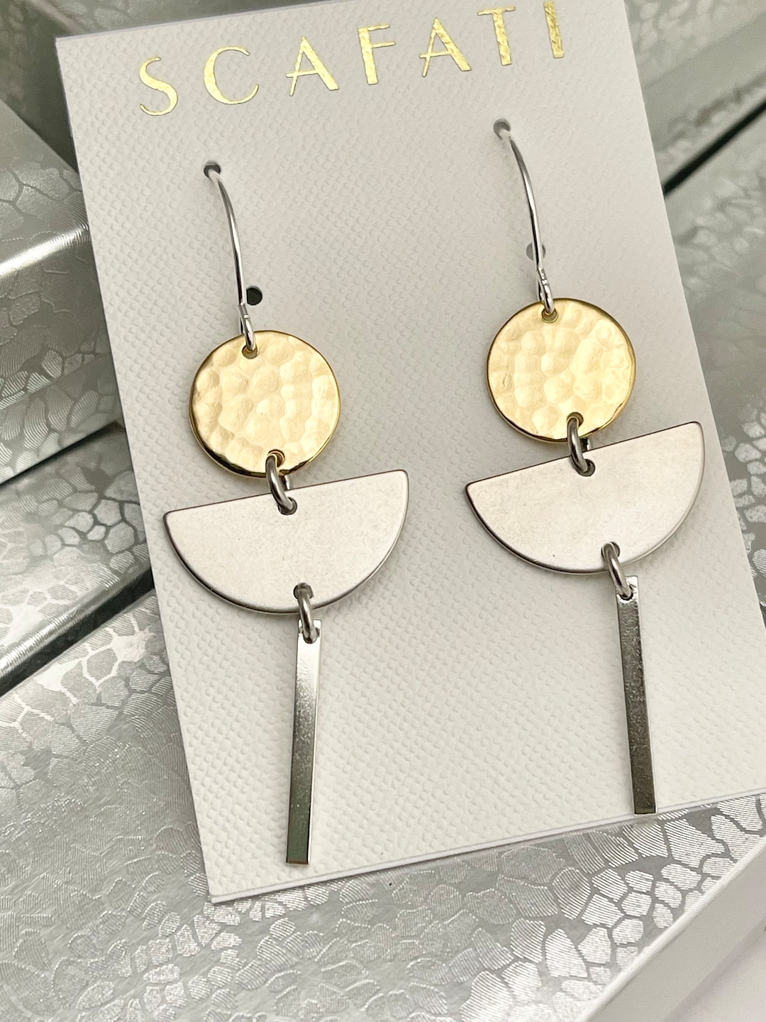Half Moon Earring, Semicircle Earring, Mixed Metal Earrings, Minimalist ...