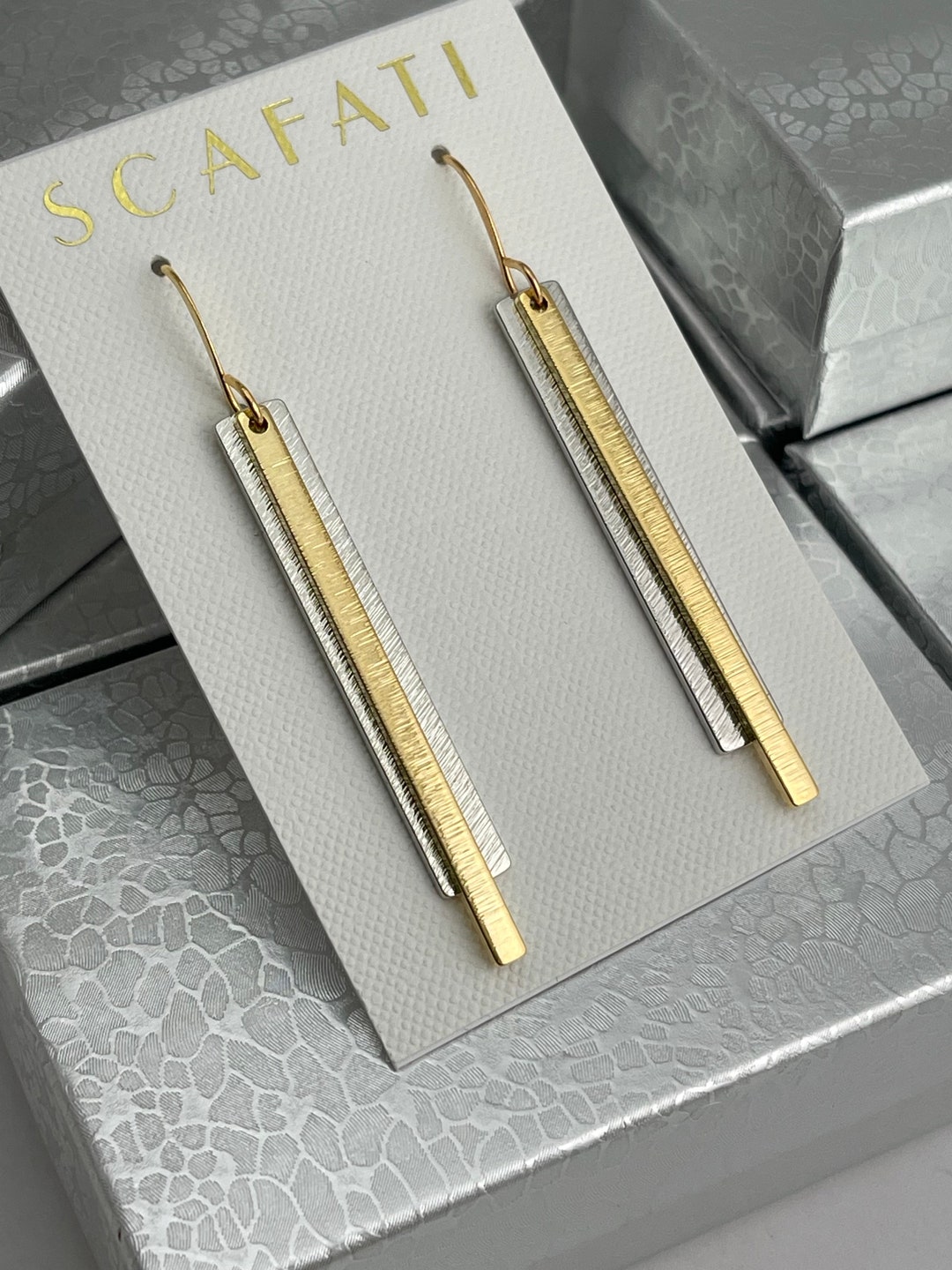 Linear Earrings, Gold Silver Earrings, Line Earrings, Mixed Metal ...