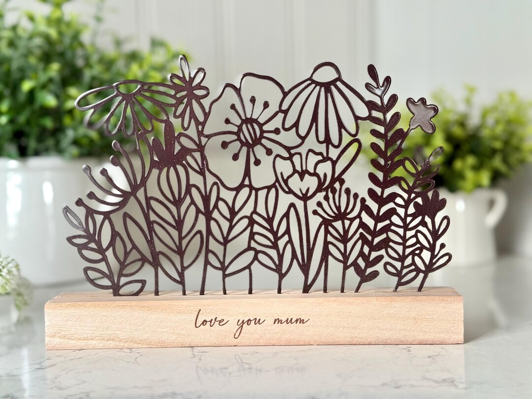 Love You Mum Wood Block With Metal Flowers, Mothers Day Present, Gift ...
