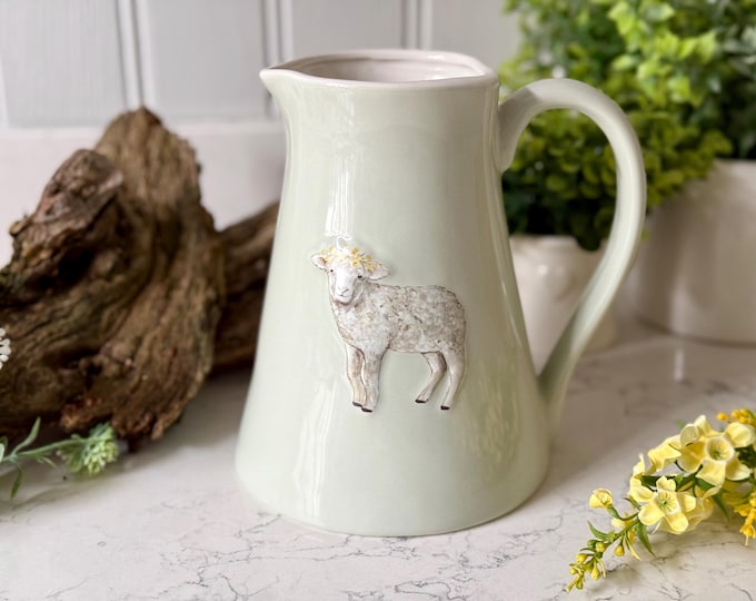 Stoneware Embossed Grey Jug With Lamb, Cottage Decor - Etsy