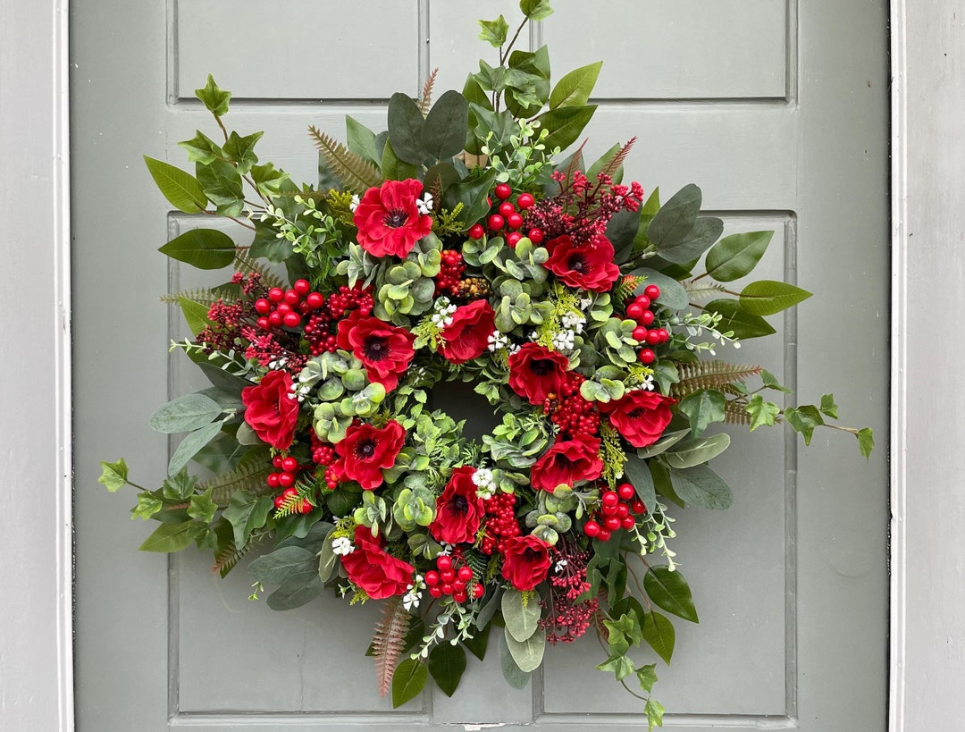 Poppy Wreath for Front Door, Red Poppy Wreath, Cottage Decor, Autumn ...