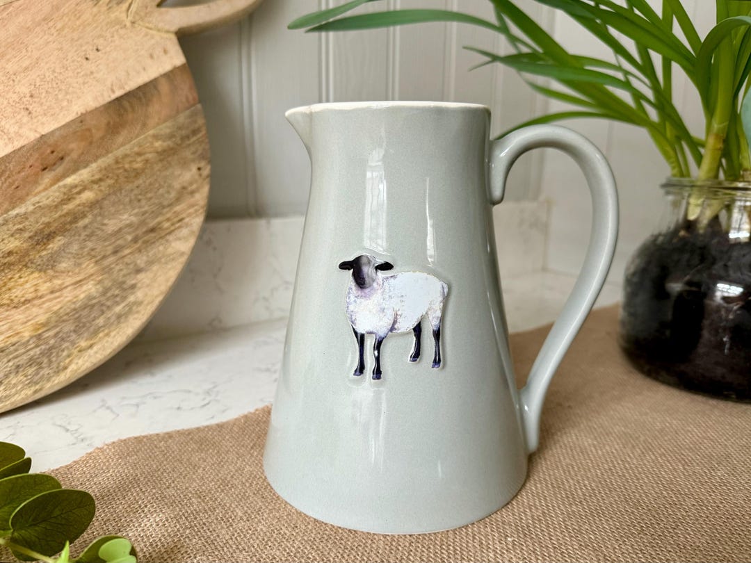 Stoneware Embossed Grey Jug With Sheep, Cottage Decor - Etsy