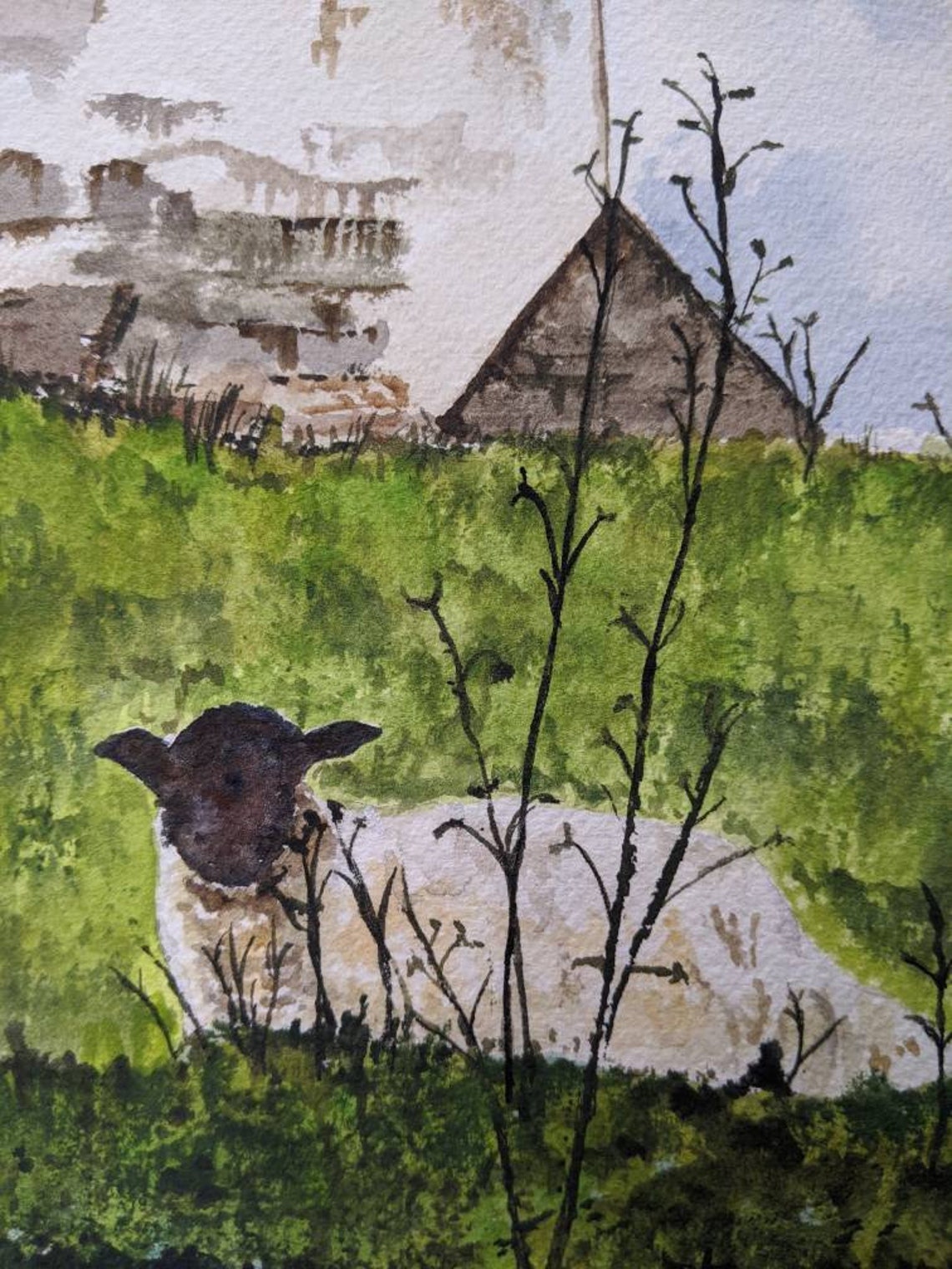 Sheep Grazing Beside Barn, Original Watercolor Painting, Wall Art ...