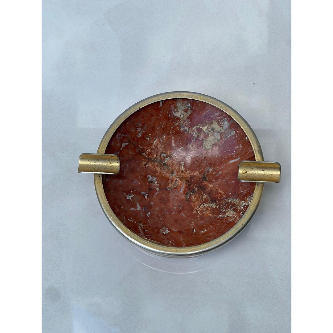 Mod Italian Vintage Marble Ashtray Cigarette Round Brass Holder Gold ...