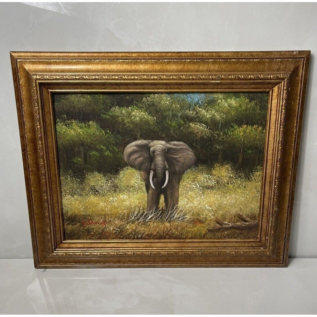 G Simcox, éléphant d'Afrique, tableau, oeuvre d'art réaliste, cadre ...