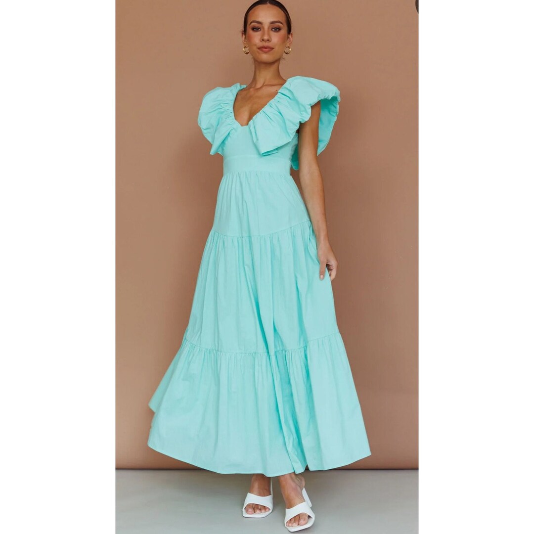 Mika & Gala Womens Kahlo Puffed Ruffle Neckline Maxi Dress Mint Green ...