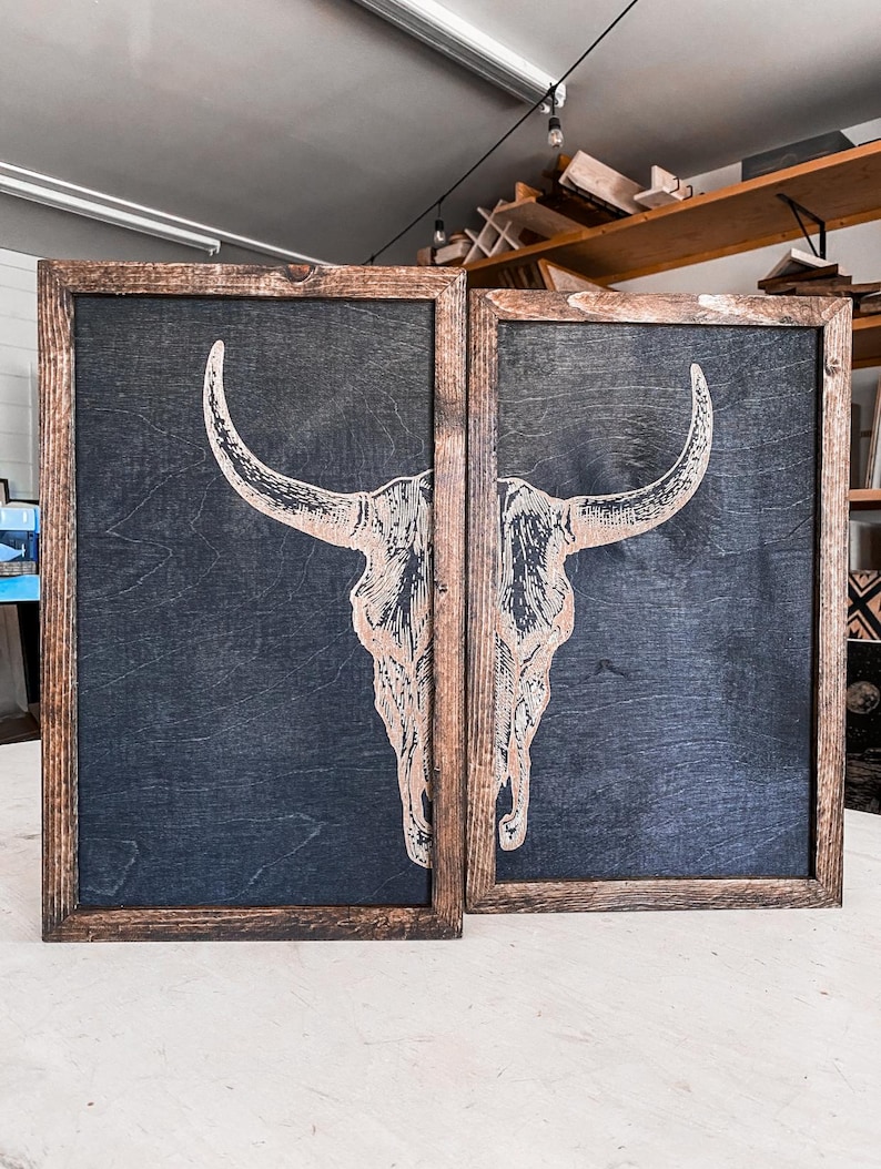 Engraved Bull Skull Wood Art: Boho Western Wall Decor, Set of 2 - Etsy