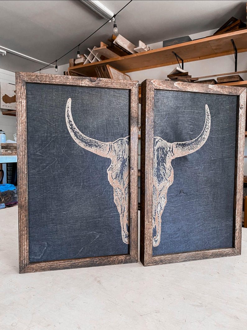 Engraved Bull Skull Wood Art: Boho Western Wall Decor, Set of 2 - Etsy