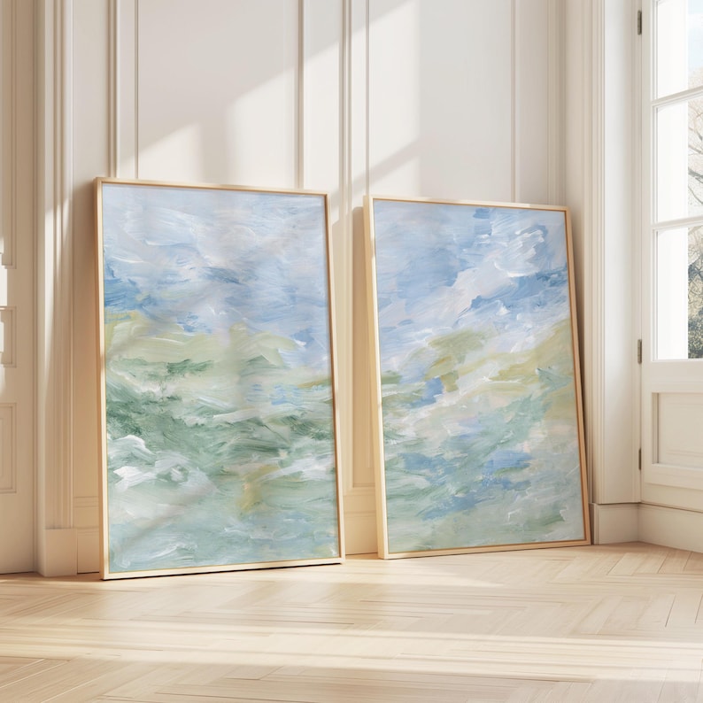 Light Blue Set of 2 Abstract Landscape Pastel Wall Art, Sage Green ...