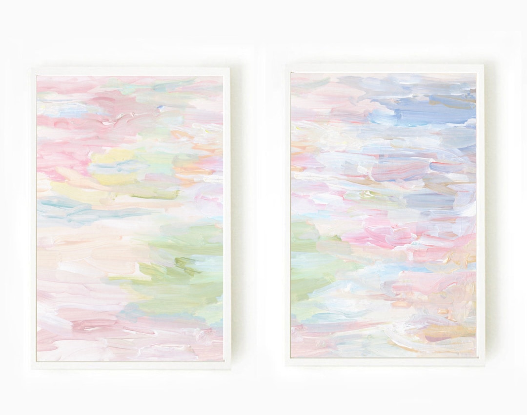 Pastel Abstract Landscape Wall Art Set of 2 Prints Light Pink Green ...
