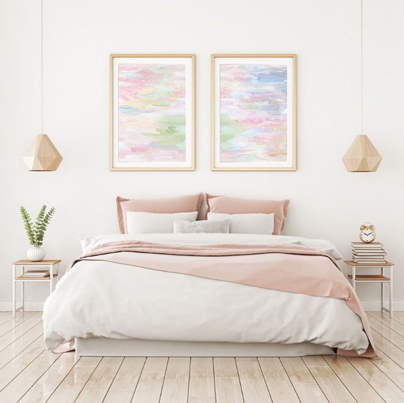 Pastel Abstract Landscape Wall Art Set of 2 Prints Light Pink Green ...