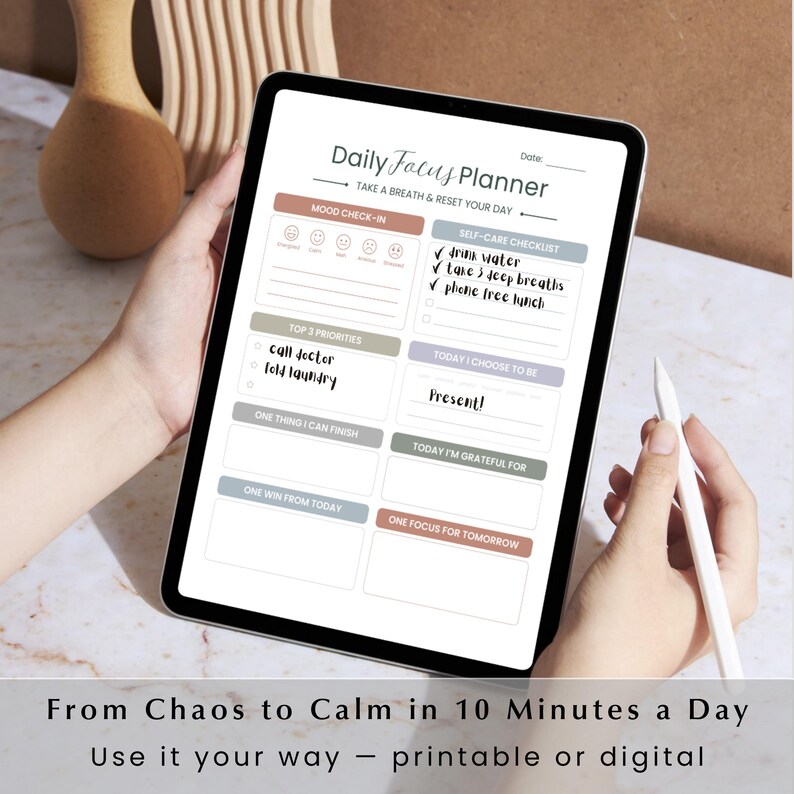 Daily Focus Planner Printable, Digital One Page Organizer for ...