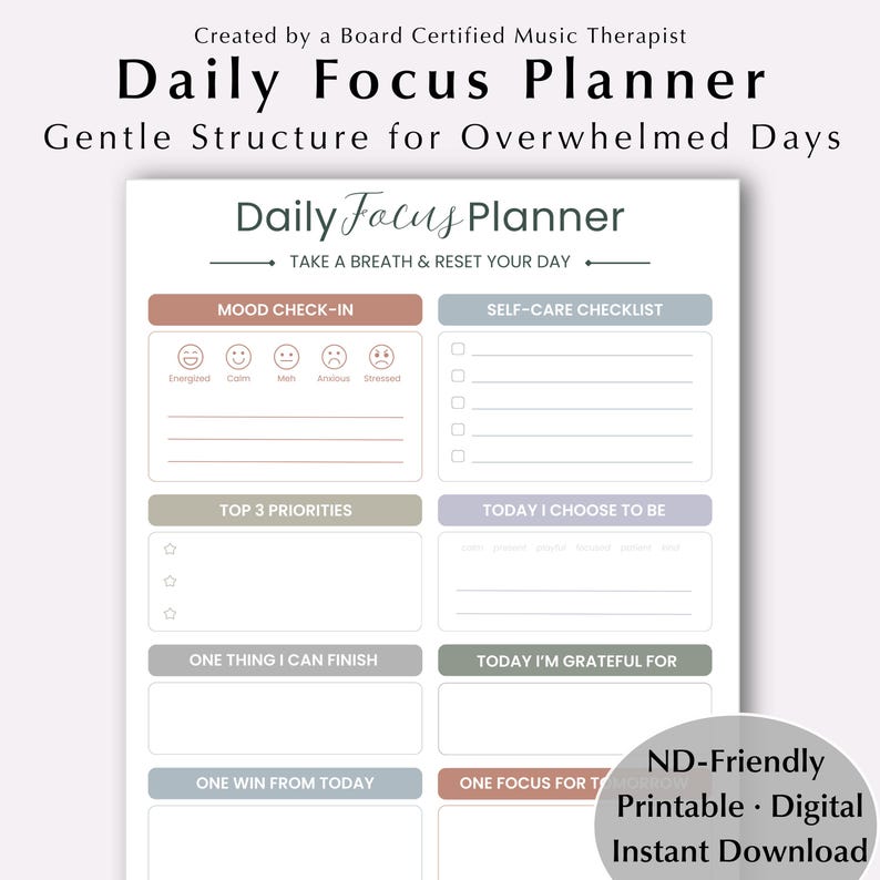 Daily Focus Planner Printable, Digital One Page Organizer for ...