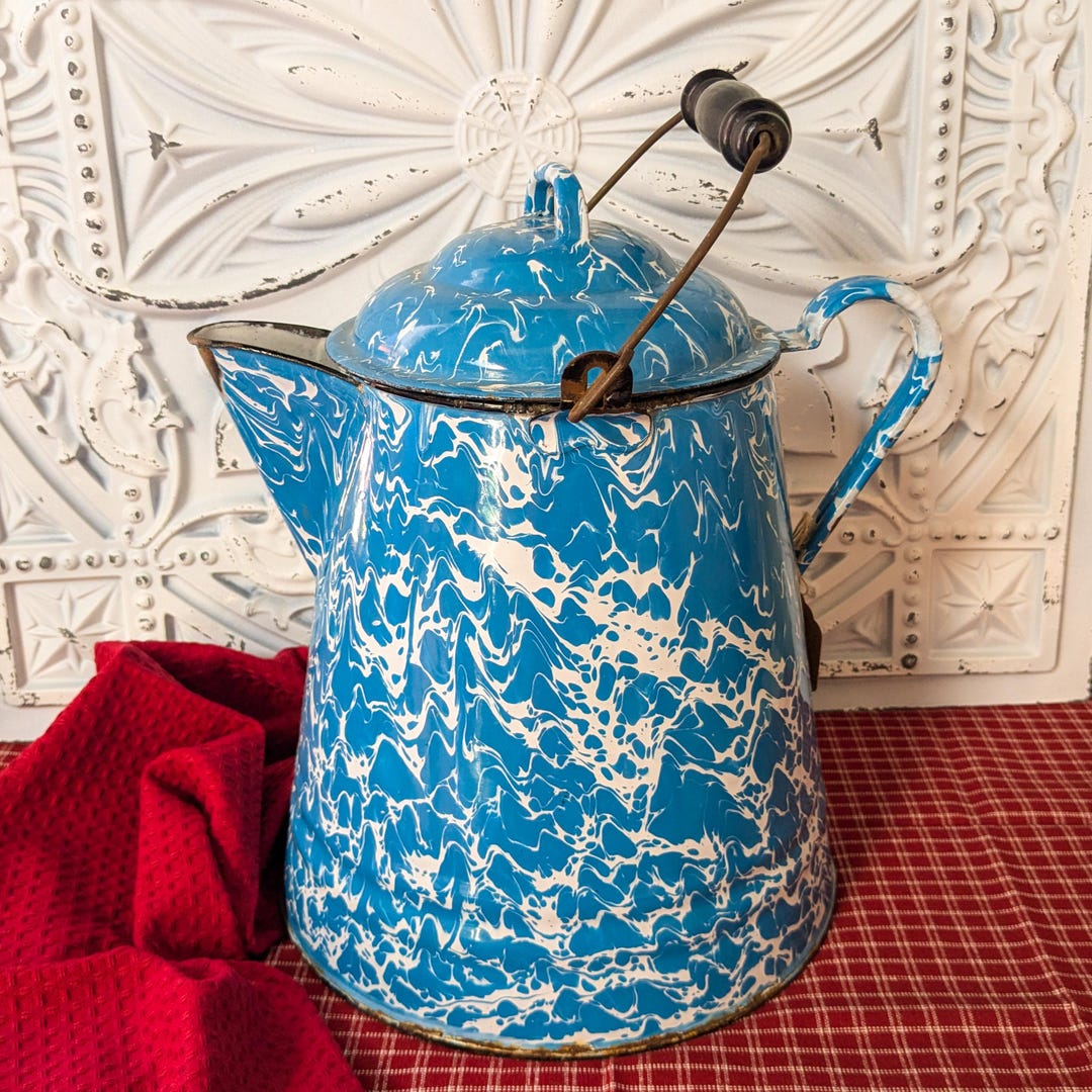 Antique Blue Swirl Enamel Coffee Pot, Farmhouse Kitchen Decor - Etsy