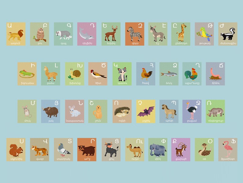 Armenian Animal Alphabet Card Set, Nursery Wall Cards, Animal Alphabet ...