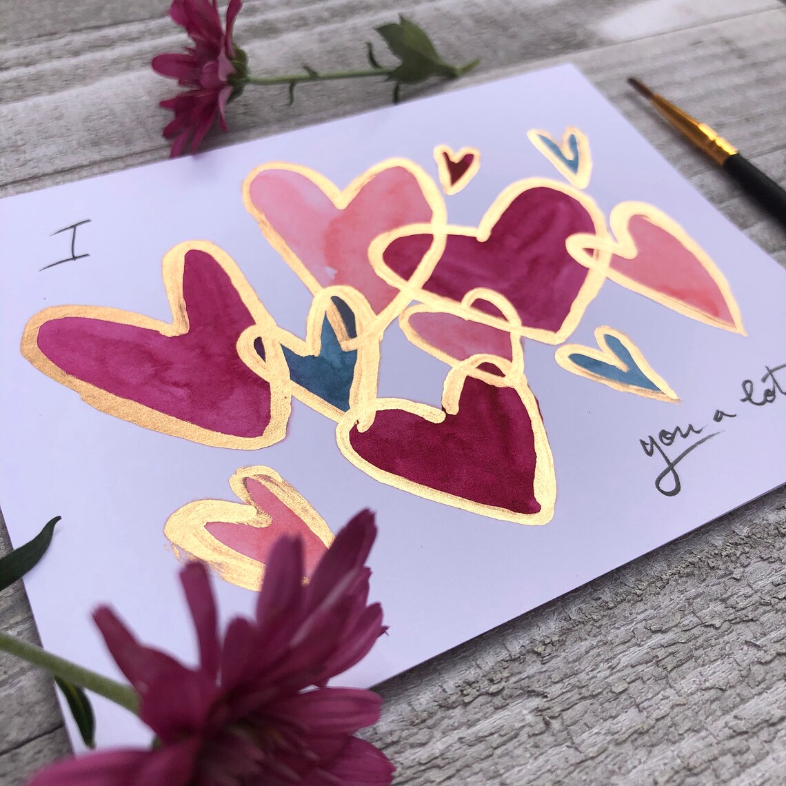 Hand painted watercolor love greeting card I heart you a | Etsy