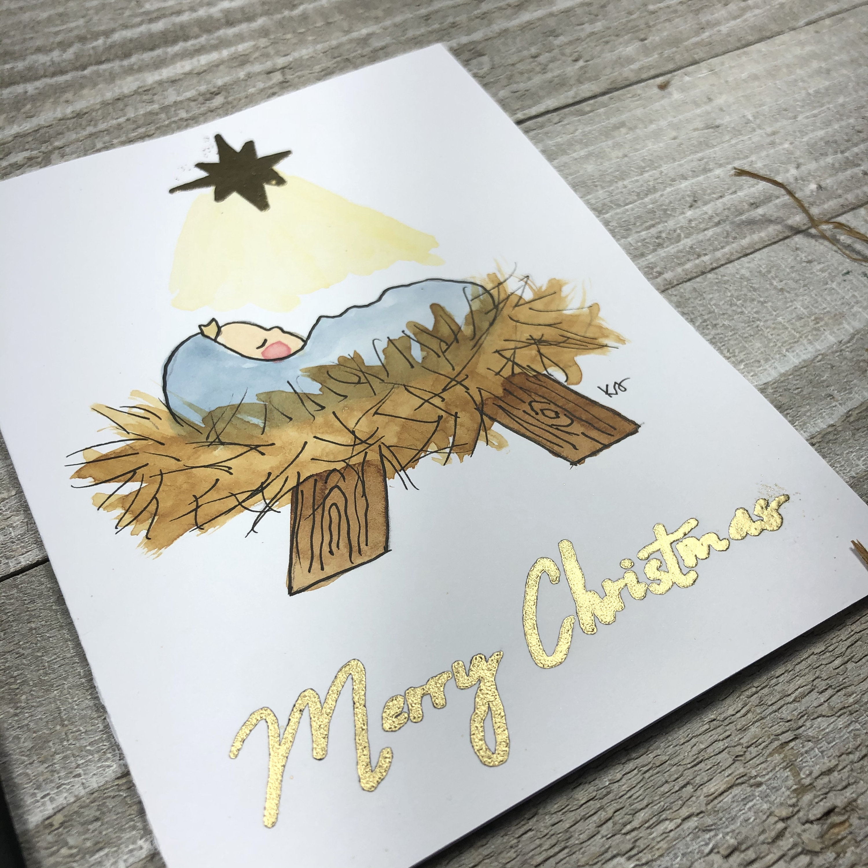 Hand painted watercolor Christmas card baby Jesus in a manger | Etsy