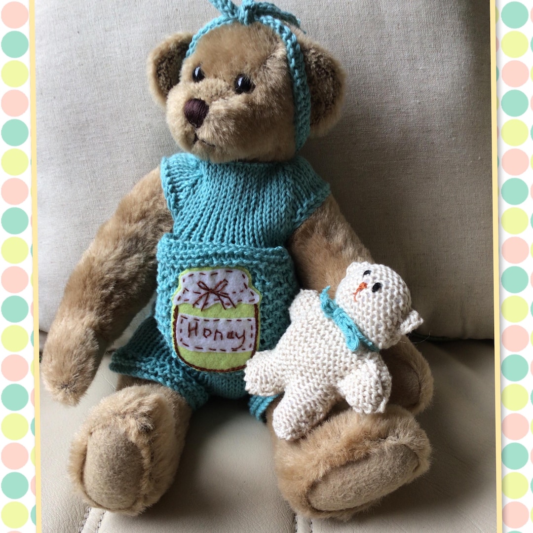 Teddy Bear Clothes Knitting Patterns: Frilly Playsuit, Honey Jar Motif ...