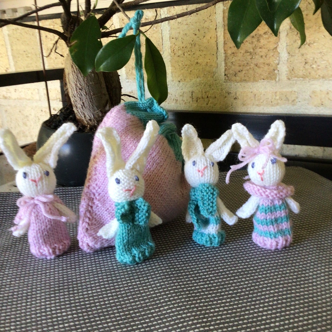Rabbit Family Finger Puppets With Strawberry Knitted Pouch, Instant ...