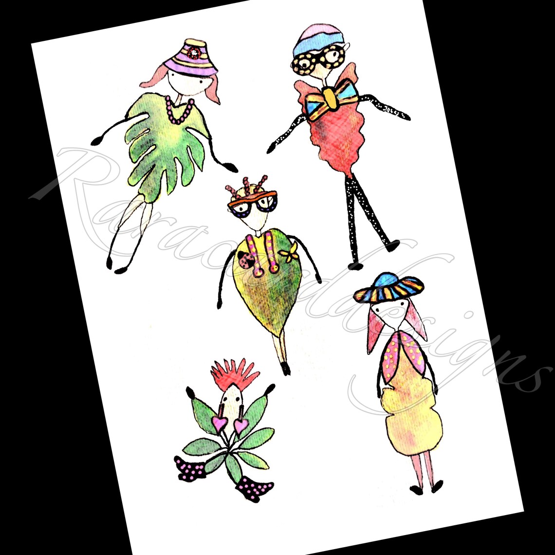 Cute Characters Collage Sheets, Printable, Watercolour Clipart, Leafy ...