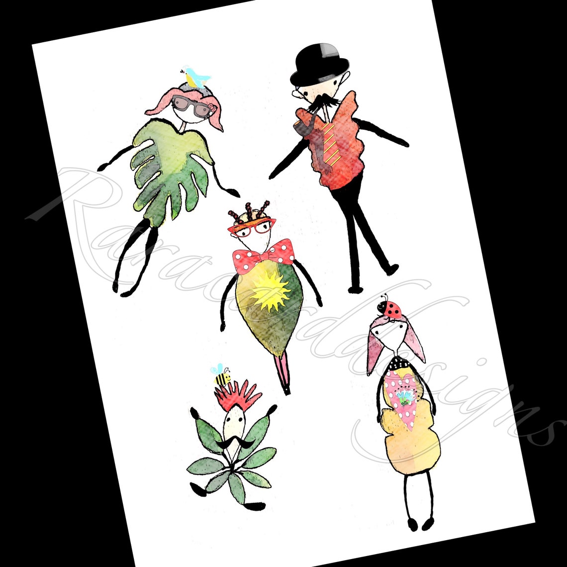 Cute Characters Collage Sheets, Printable, Watercolour Clipart, Leafy ...