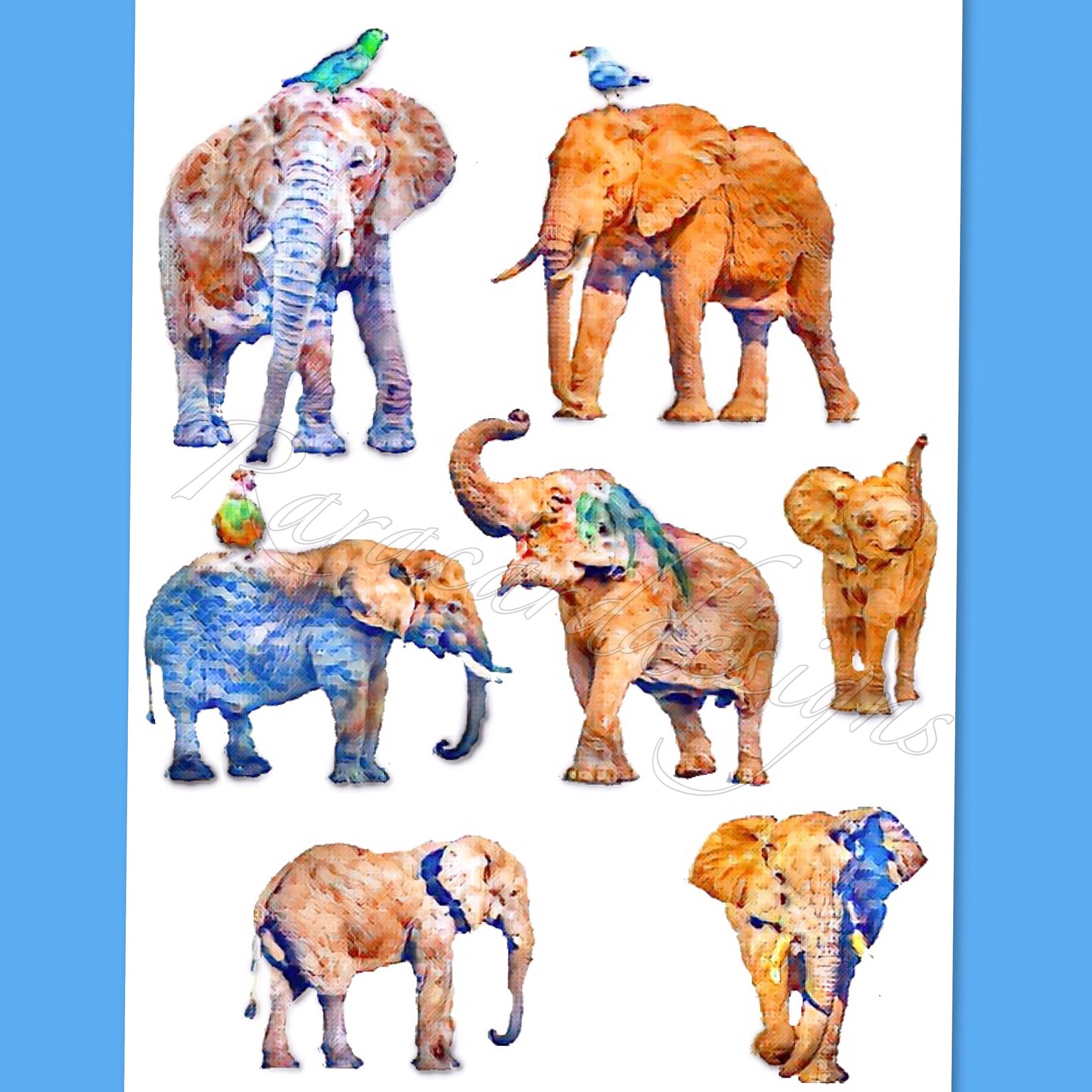 Elephants watercolour collage sheet colour in sheet | Etsy