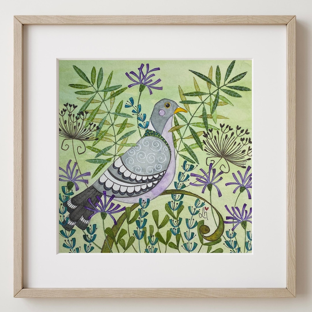 Wood Pigeon, Colourful Garden Bird Print, Nature Inspired Watercolour ...