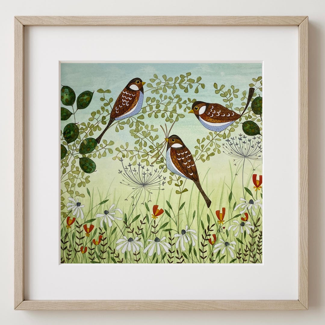Three Sparrows, Busy Garden Birds, Pretty Watercolour Print, Colourful ...