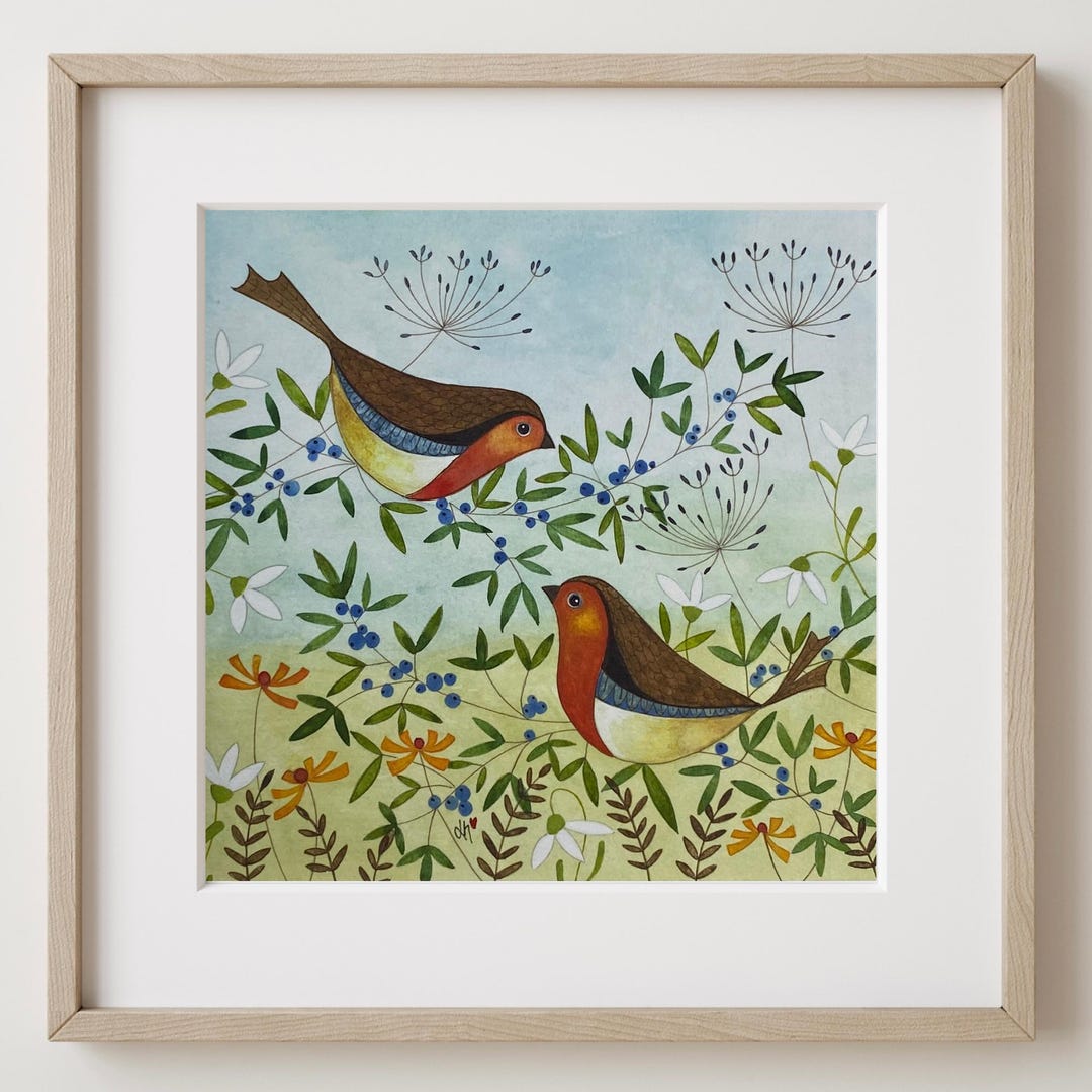 Red Robins & Winter Hedgerow Print, Watercolour Wildlife Painting ...