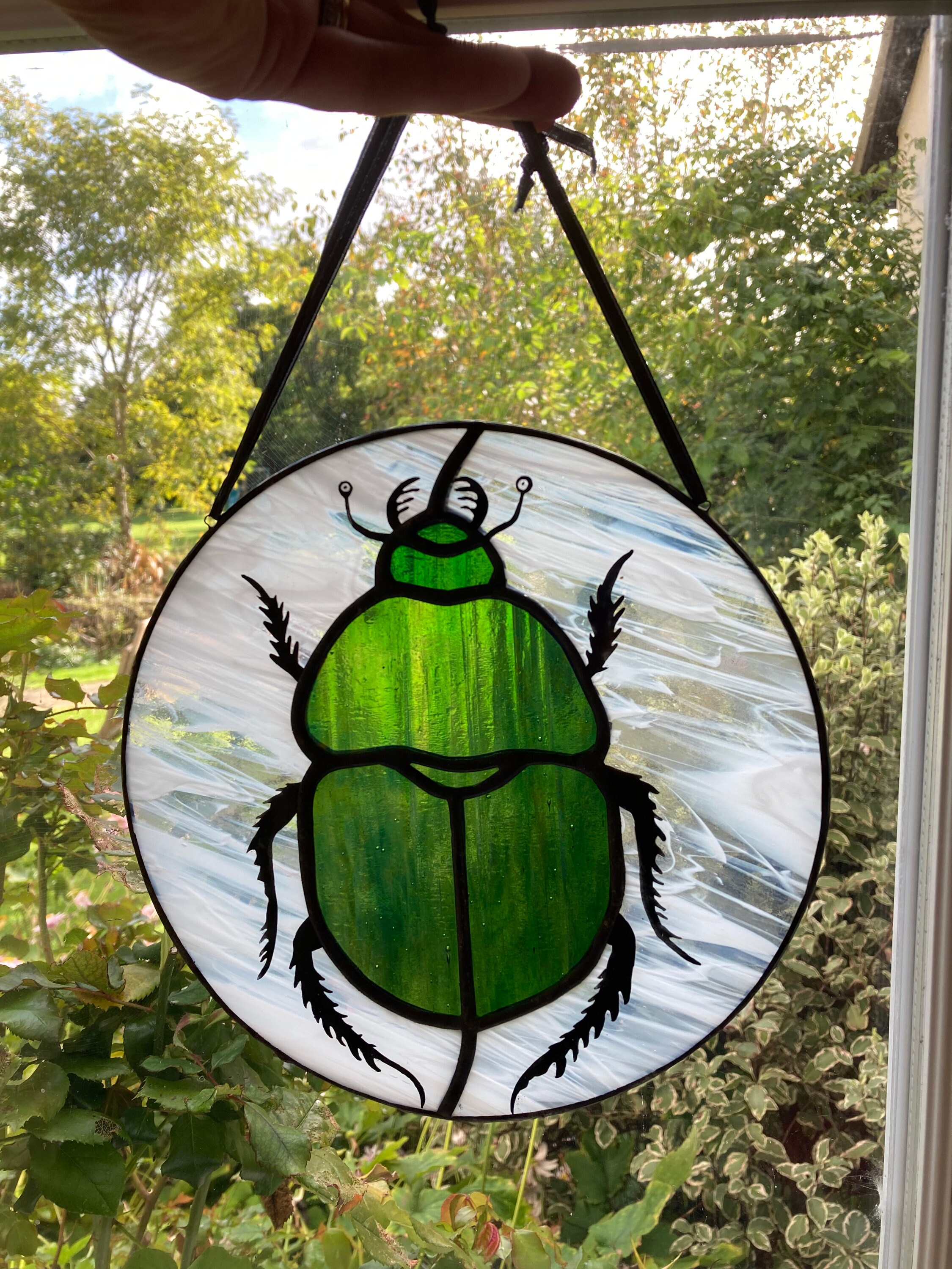 Stained Glass Scarab Beetle Sun Catcher. Iridised Green - Etsy UK
