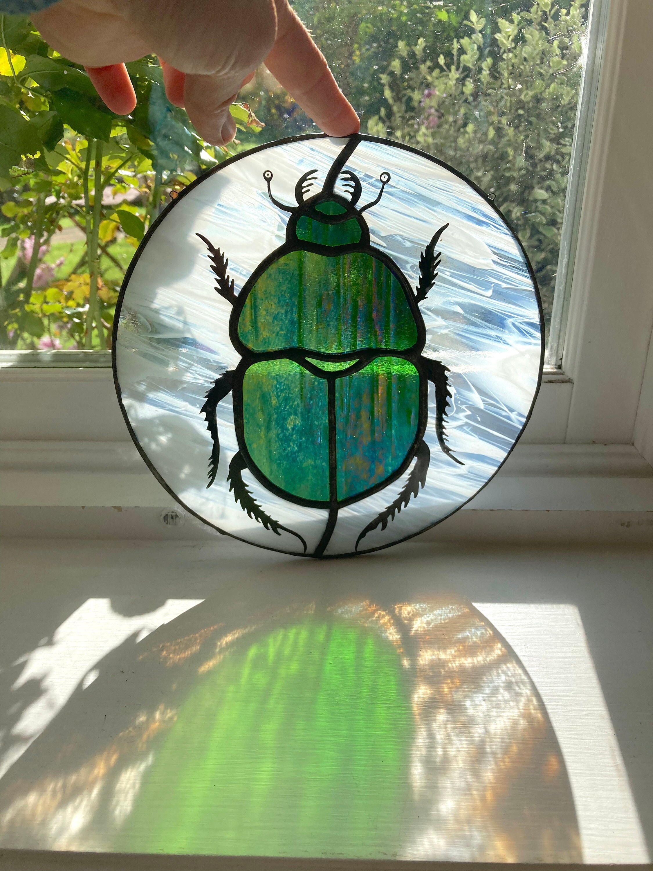 Stained Glass Scarab Beetle Sun Catcher. Iridised Green - Etsy UK