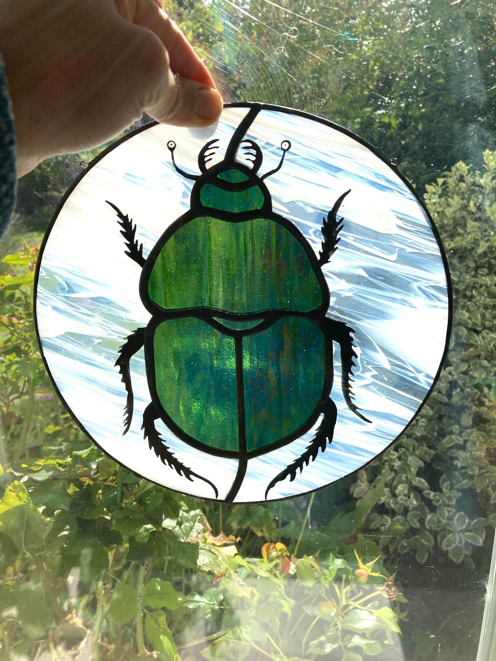 Stained Glass Scarab Beetle Sun Catcher. Iridised Green - Etsy UK