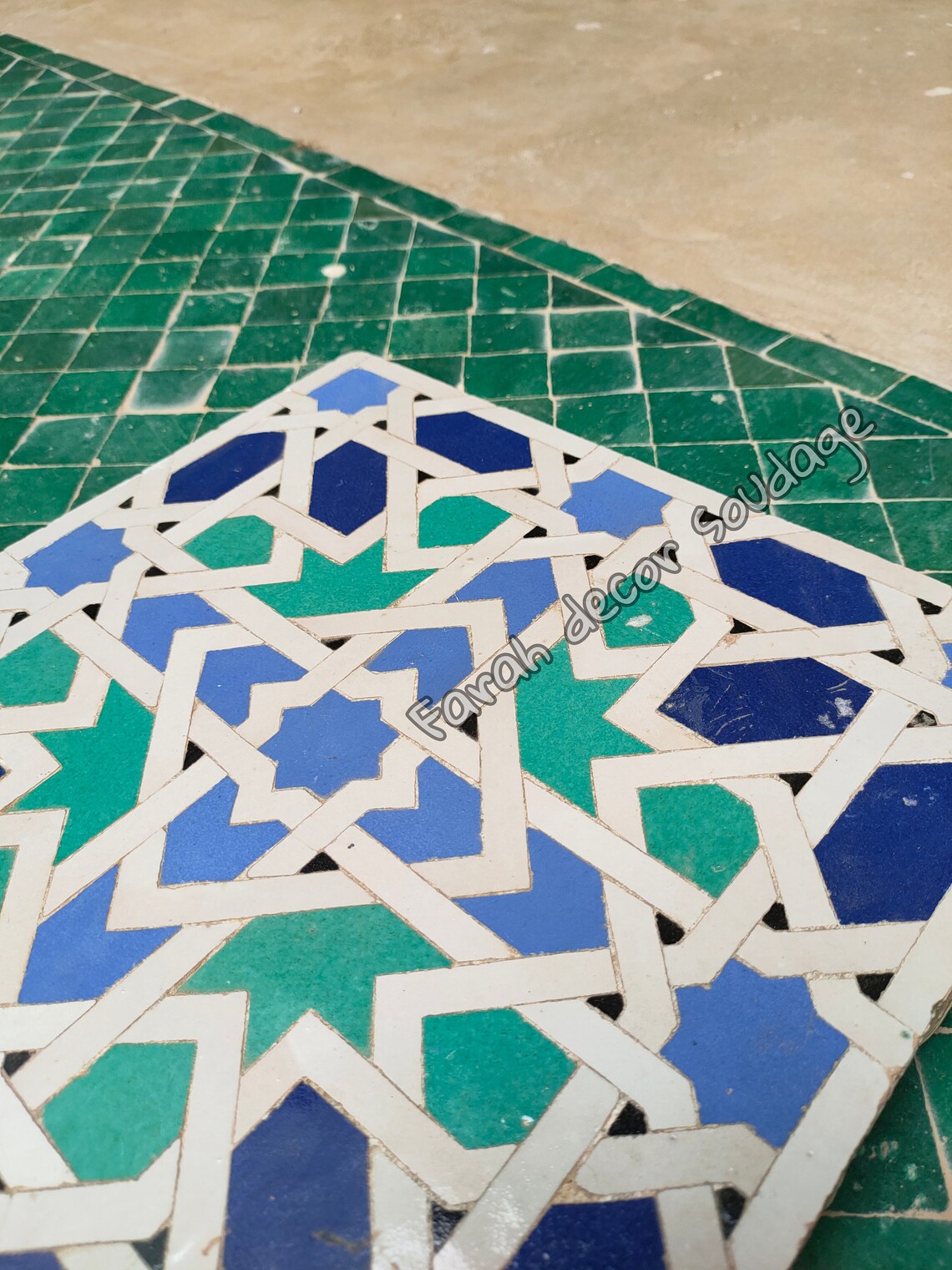 Moroccan Zellige Wall Hanging – Handmade Blue & Green Geometric Tile ...