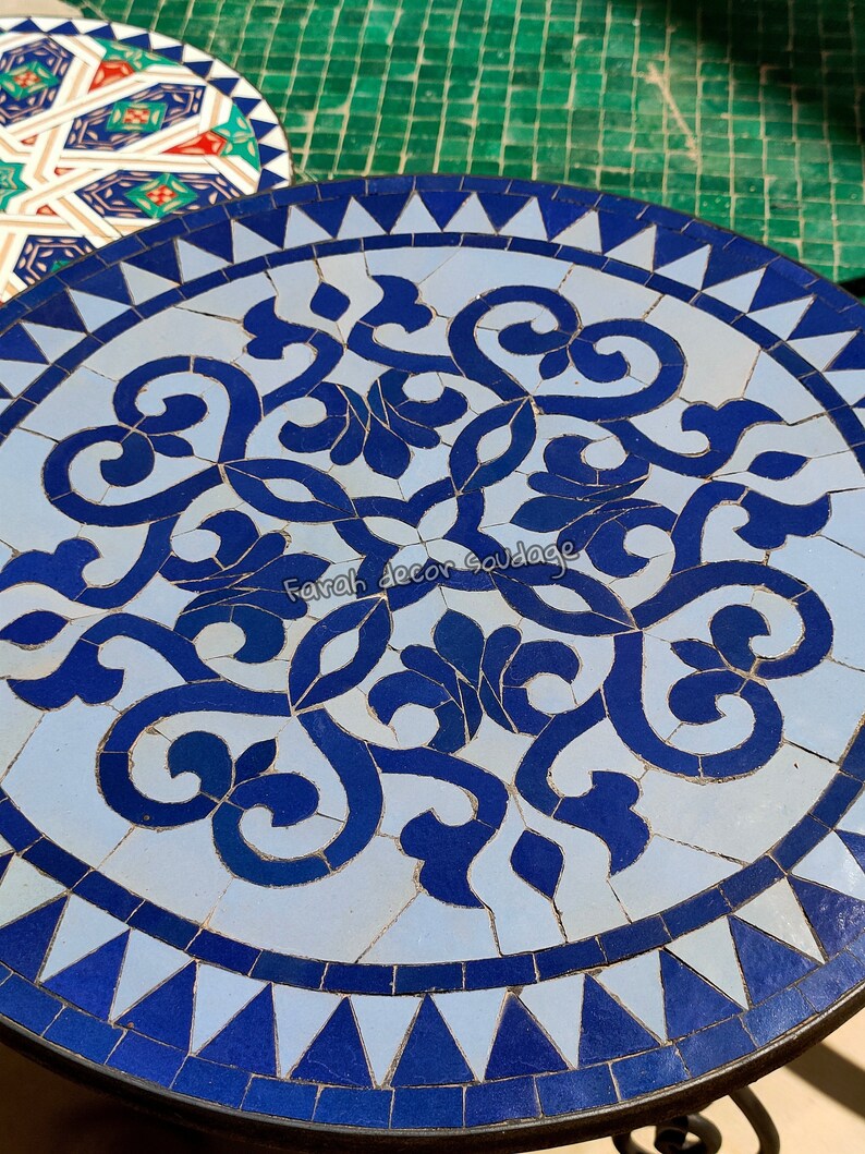 Custom Moroccan Zellige Tile Table, Outdoor Mosaic Table With Iron Legs ...