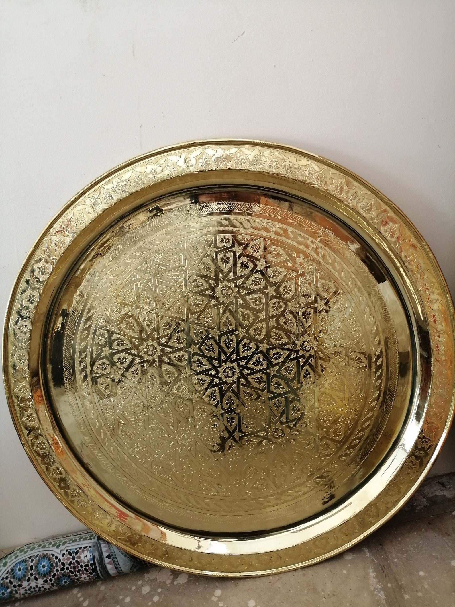 Round BRASS TRAY MOSAIC Tray Brass Serving Tray Tea Tray | Etsy