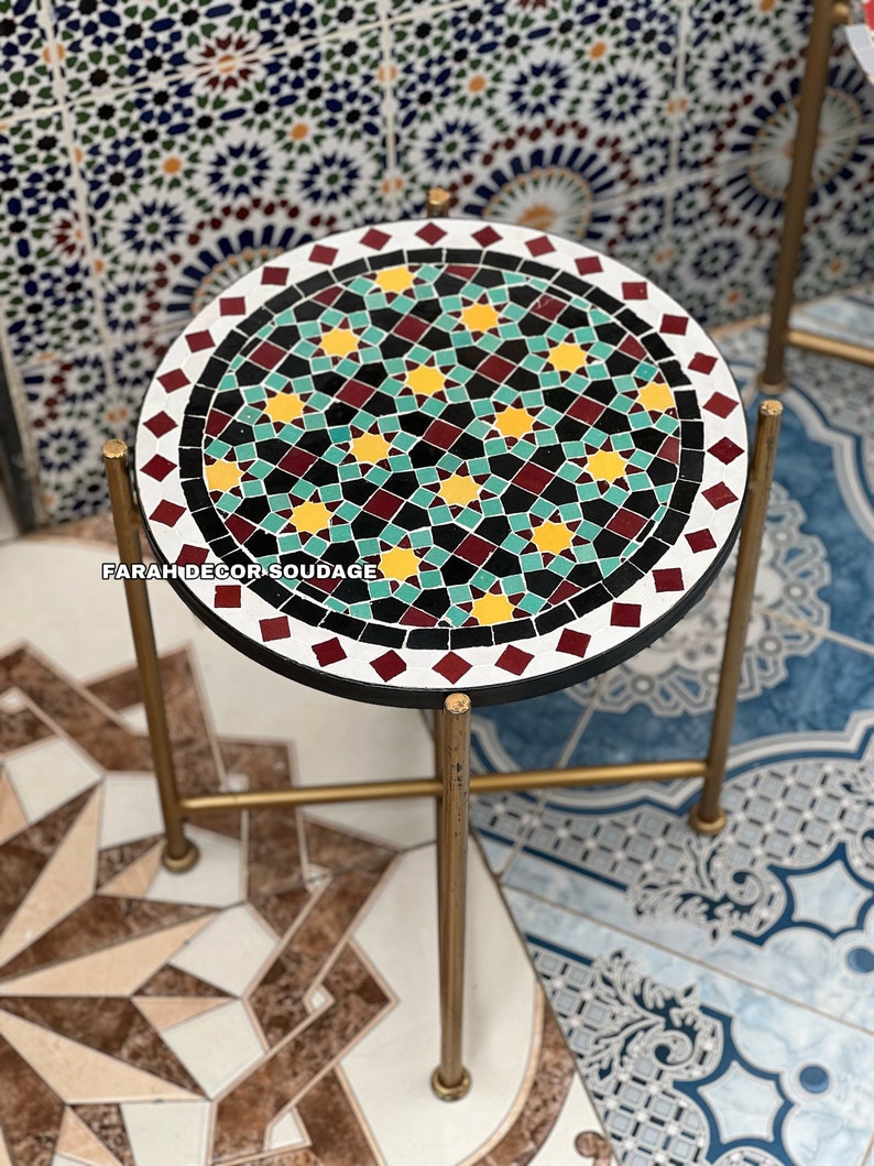 Custom Moroccan Zellige Tile Table, Outdoor Mosaic Table With Iron Legs ...