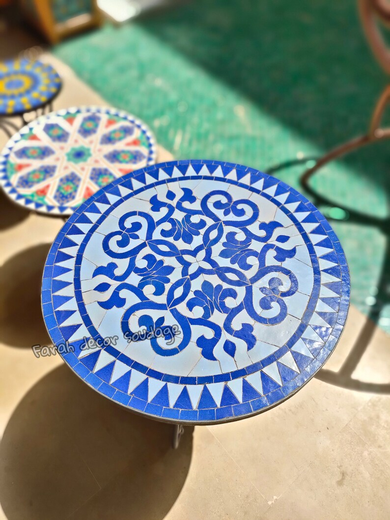 Custom Moroccan Zellige Tile Table, Outdoor Mosaic Table With Iron Legs ...