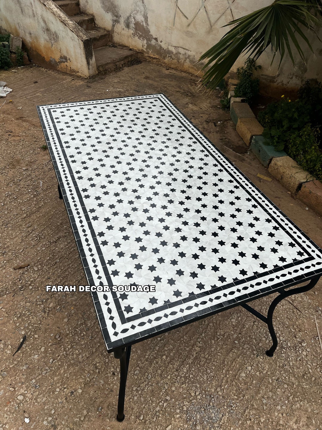 Dining Table Mosaic Top Rectangular, Black and White Rectangular Mosaic ...