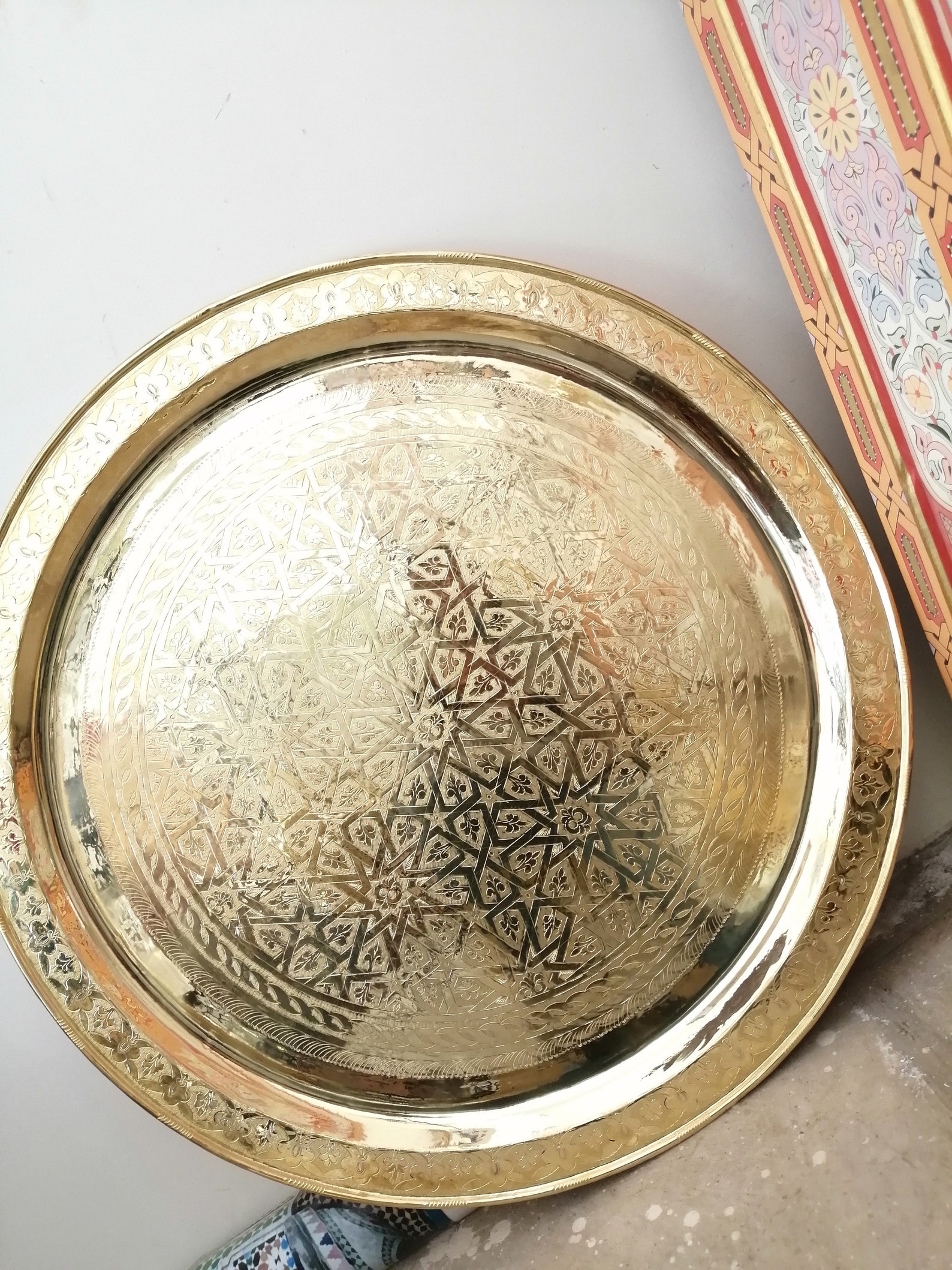 Round BRASS TRAY MOSAIC Tray Brass Serving Tray Tea Tray | Etsy