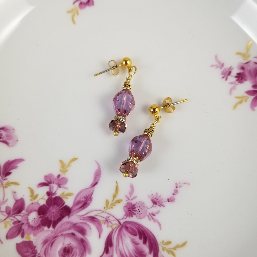 Purple Glass Gold Push Back Post Earrings With Sparkly Czech Faceted ...