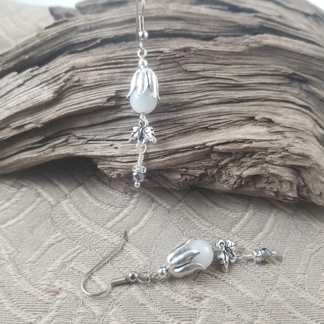 Gemstone Earrings With Moonstone Beads Dangling Inside Silver Tulips ...